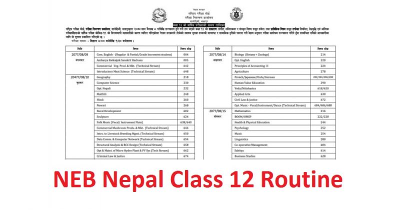 NEB Nepal Class 12 Routine; Class 12 New Routine - gbsnote